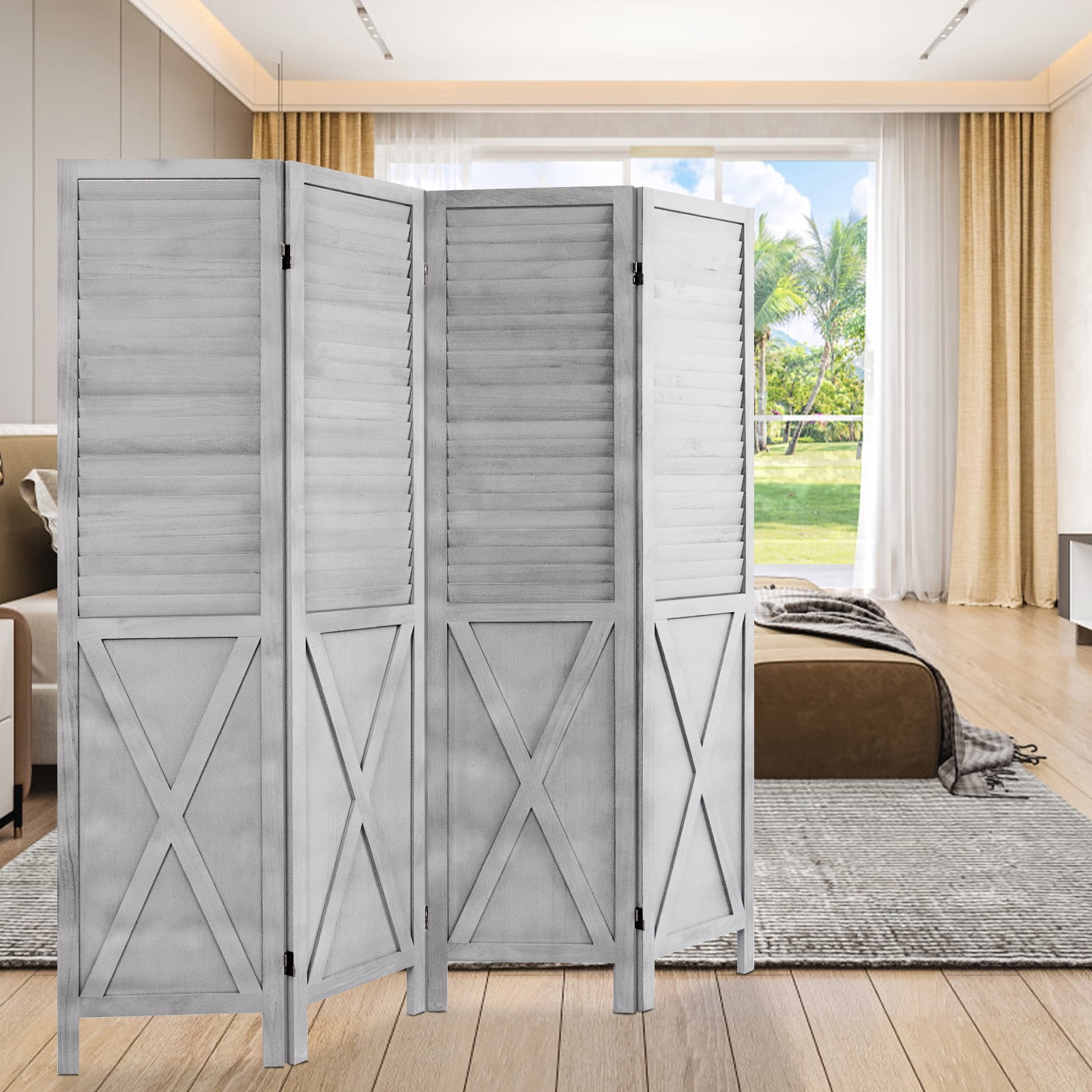 67”H Wood Room Divider Screen with 4 Panels,Dual-hingers Folding ...