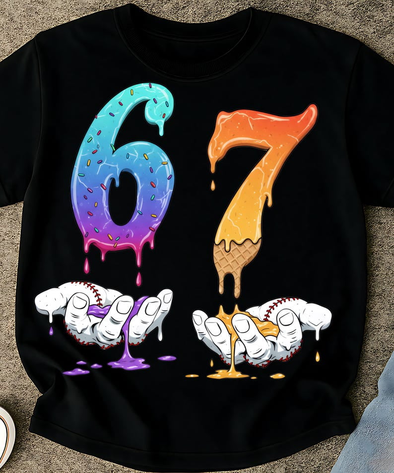 67 Ice Cream Drip Numbers T-Shirt, Melting Candy Style Graphic Tee ...