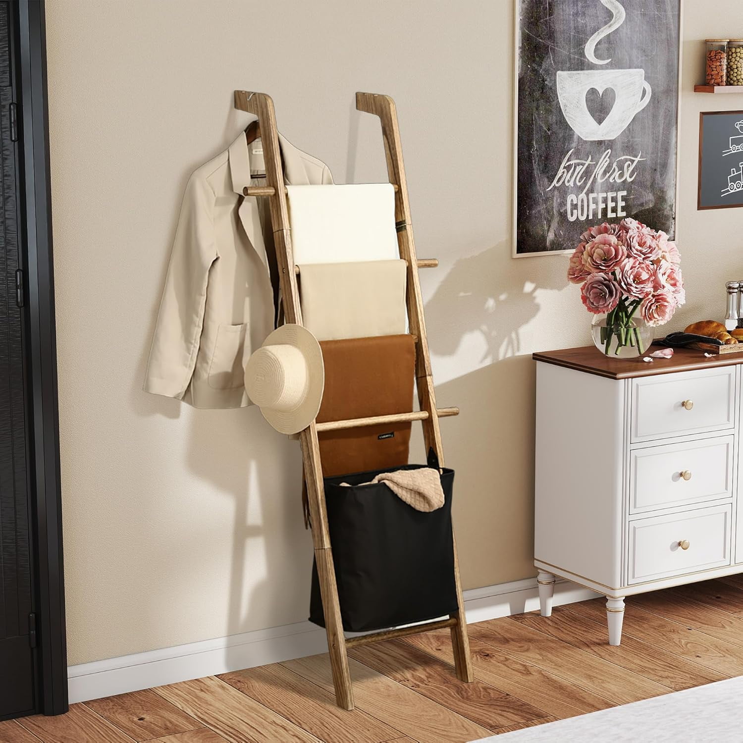 67-Inch Farmhouse Blanket Ladder, Rustic Wooden Display Ladder with ...