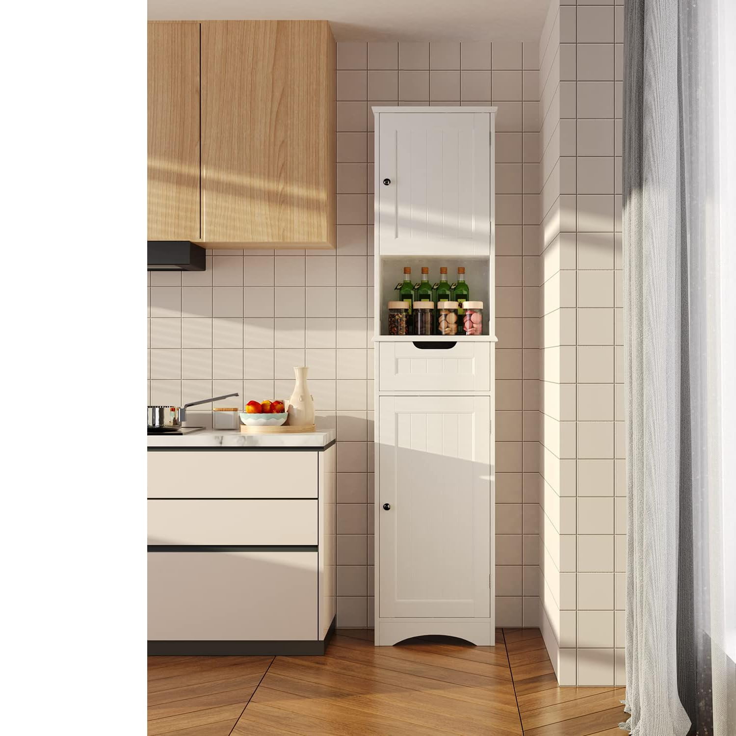 67 Inch Freestanding Storage Cabinet with 2 Doors & Drawer, Adjustable Shelves Linen Tower for ...