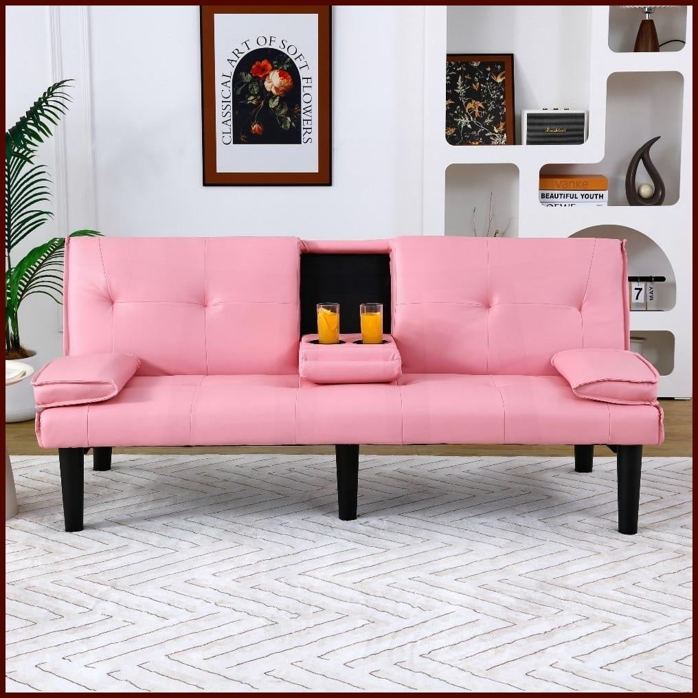 67-Inch Pink PVC 2-Seat Convertible Sofa Bed with Cup Holder – Compact ...