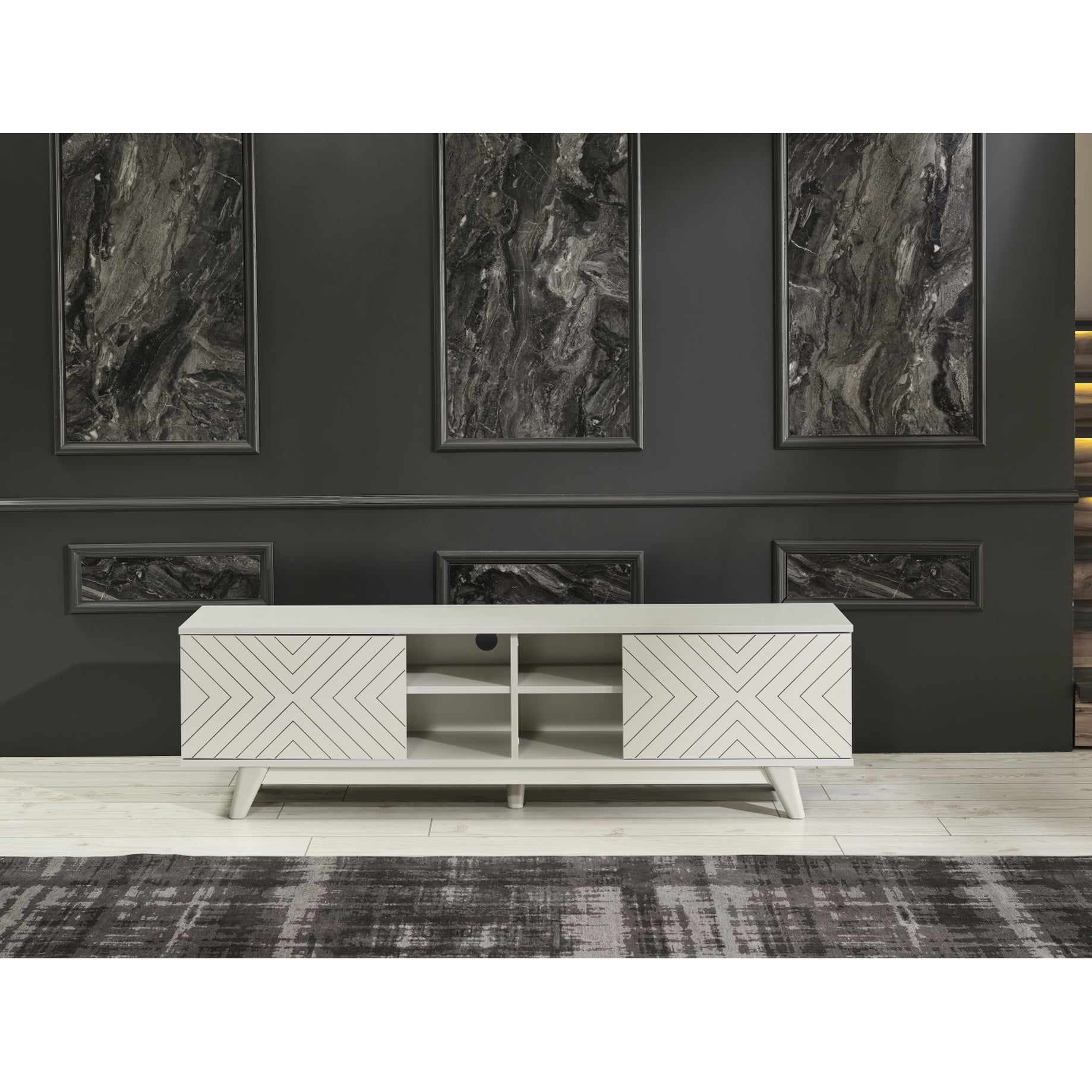 67 Inch Tv Stand With Mid Century Modern Appeal, Grey Solid Wood 2 Door ...