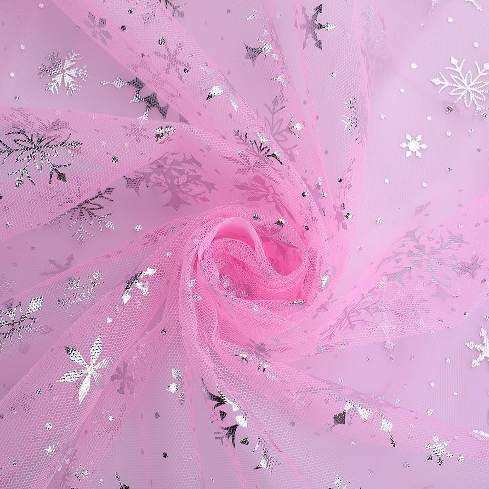 67 Inch Wide Snowflake Silver Foil Organza Fabric Pink Rectangular ...