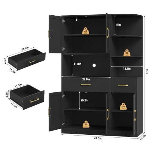 67" Kitchen Pantry Cabinet, Modern Kitchen Hutch with 5 Doors and 2 ...