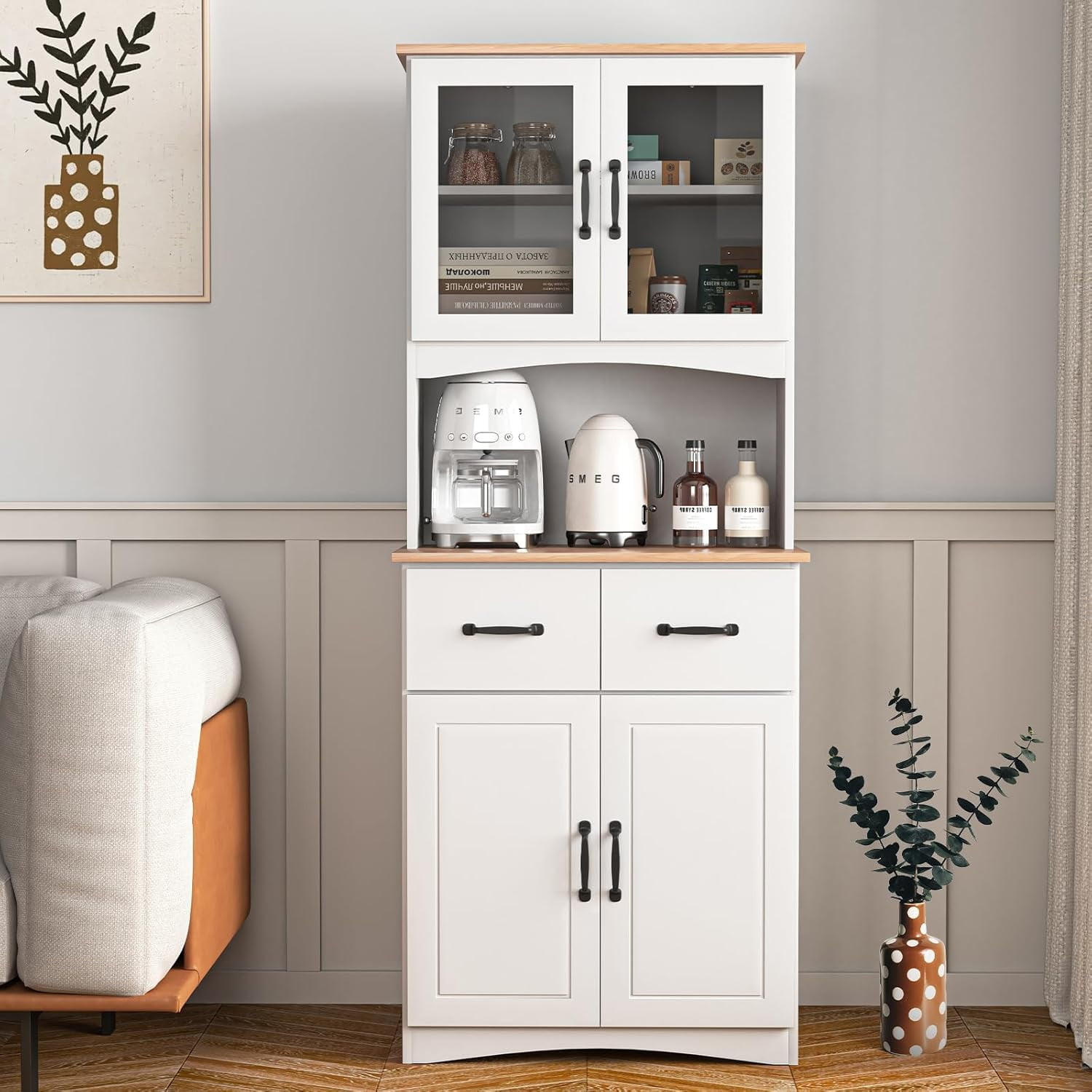 67" Kitchen Pantry Cabinet with Glass Doors & Drawers, Adjustable ...