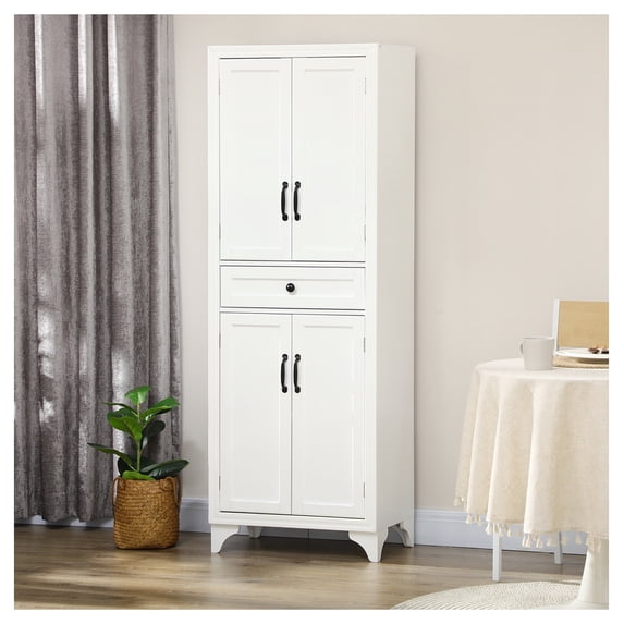 67" Kitchen Pantry - White 4-Door Cabinet with Drawer & Adjustable ...