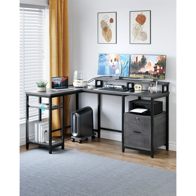 67" L-Shaped Computer Desk with Drawers, Reversible Home Office Gaming ...