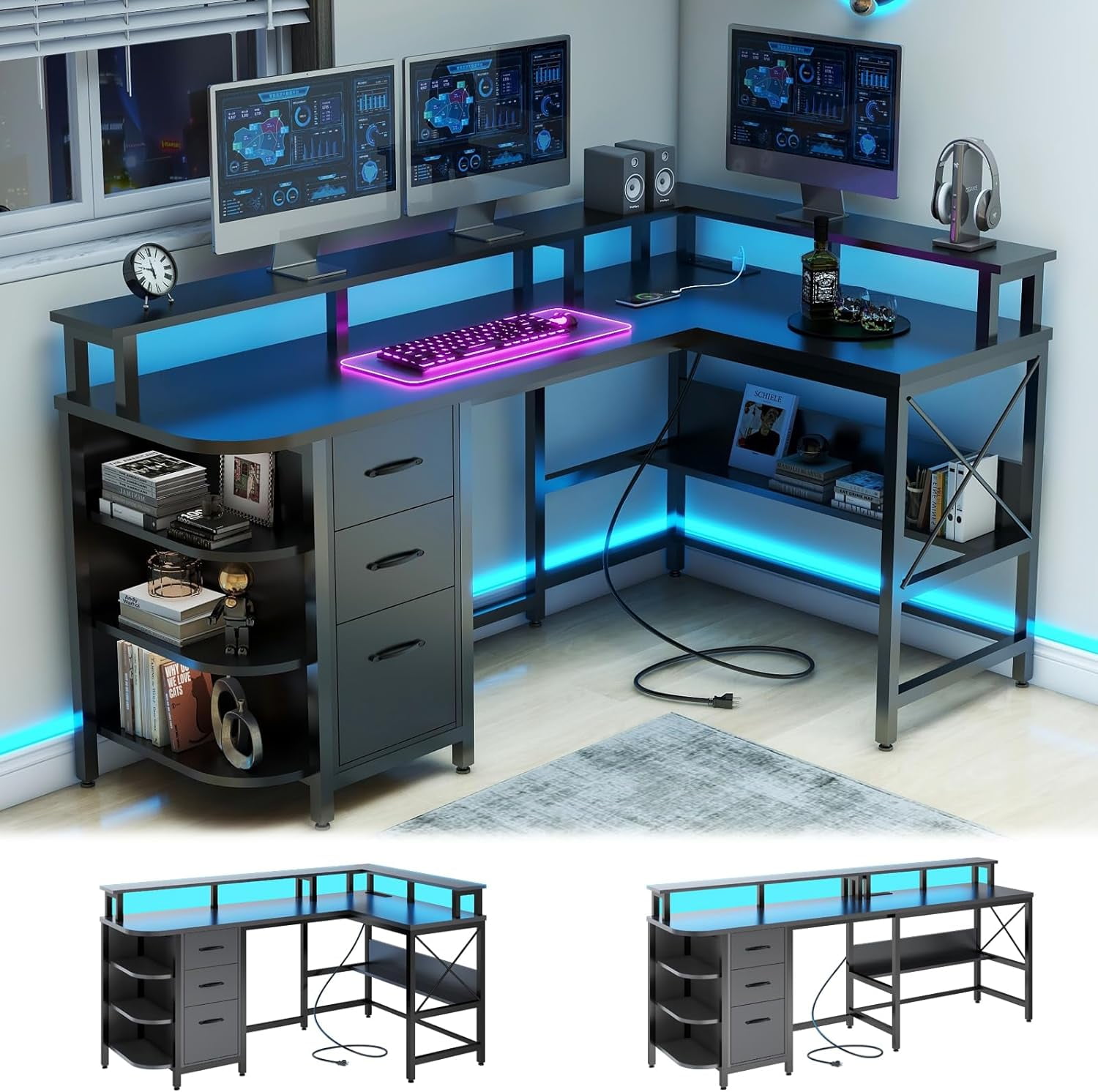 67" L Shaped Computer Desk with LED Lights and Power Outlets ...