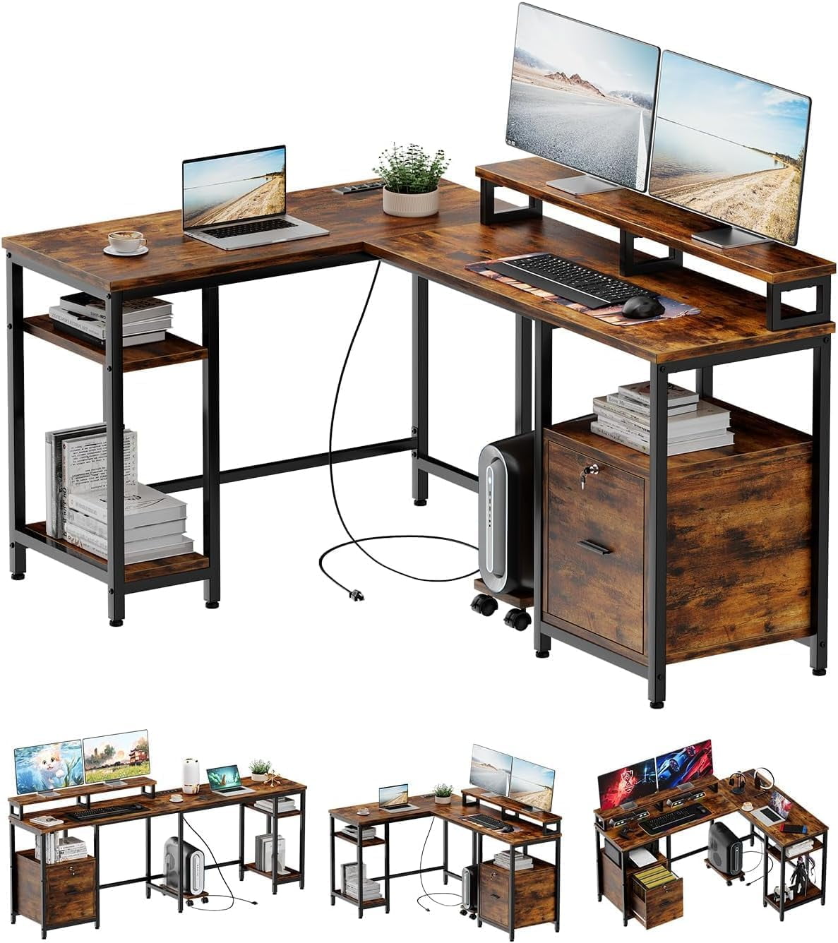 67” L-Shaped Computer Desk with Power Outlet, Adjustable Shelf, Rustic ...