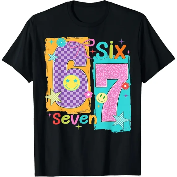 67 Leopard Checkered Funny Six Seven Meme 6-7 Girls Kids T-Shirt ...