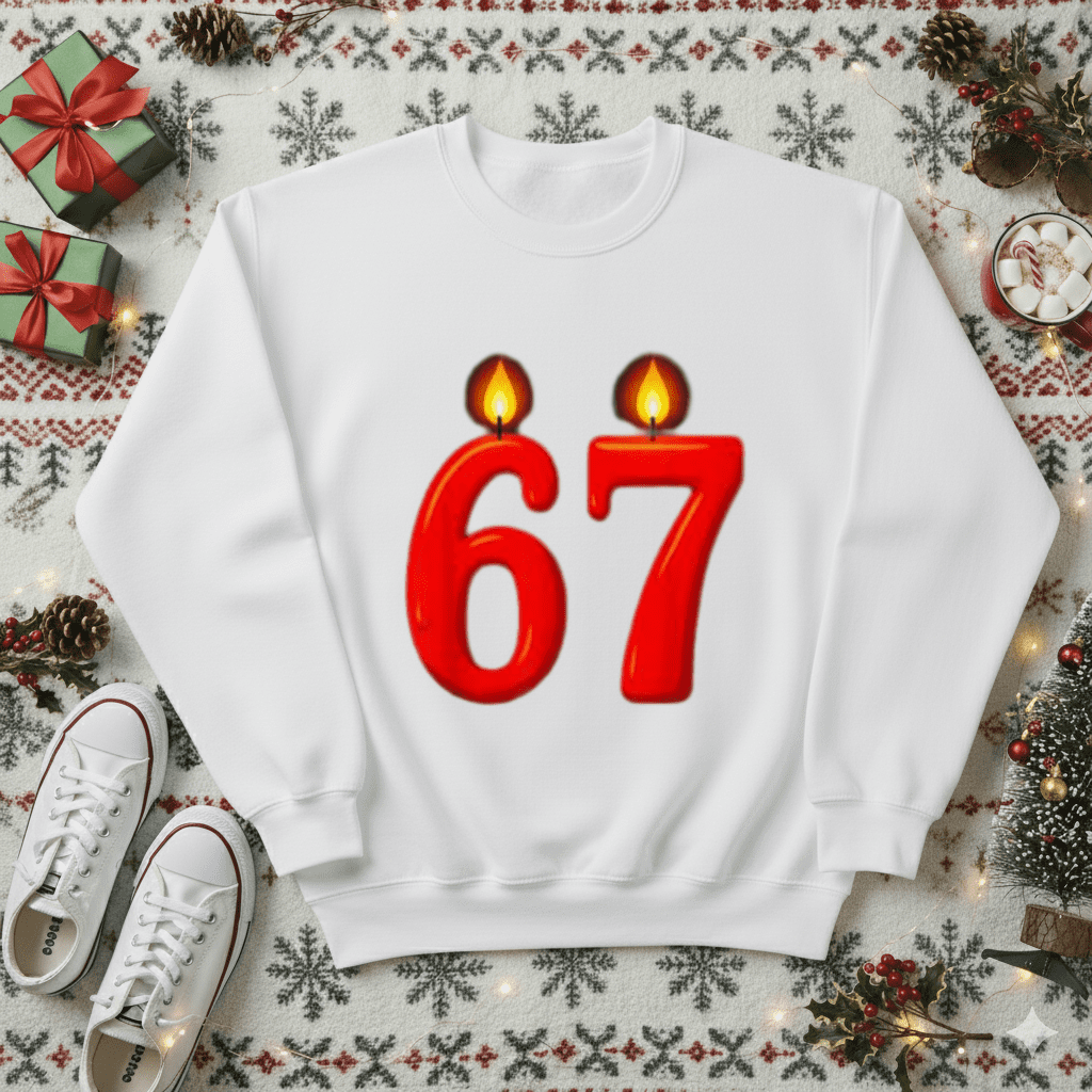 67 Meme Holiday Candles Funny Gen Alpha Slang Festive Humor Sweatshirt ...