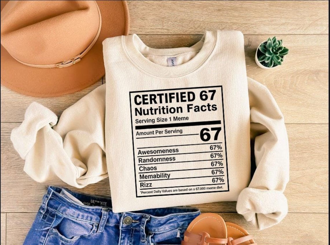 67 Meme Nutrition Facts Funny Sweatshirt, Viral Six Seven Crewneck ...