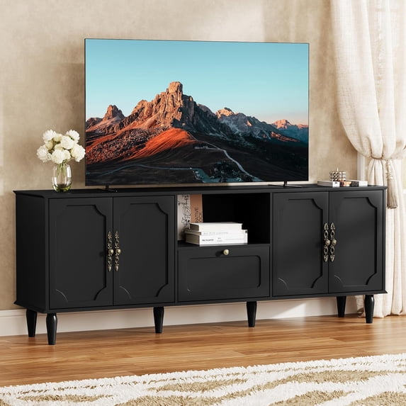 67” Mid-Century Modern TV Stand for 75+ inch TVs, Wood Entertainment ...