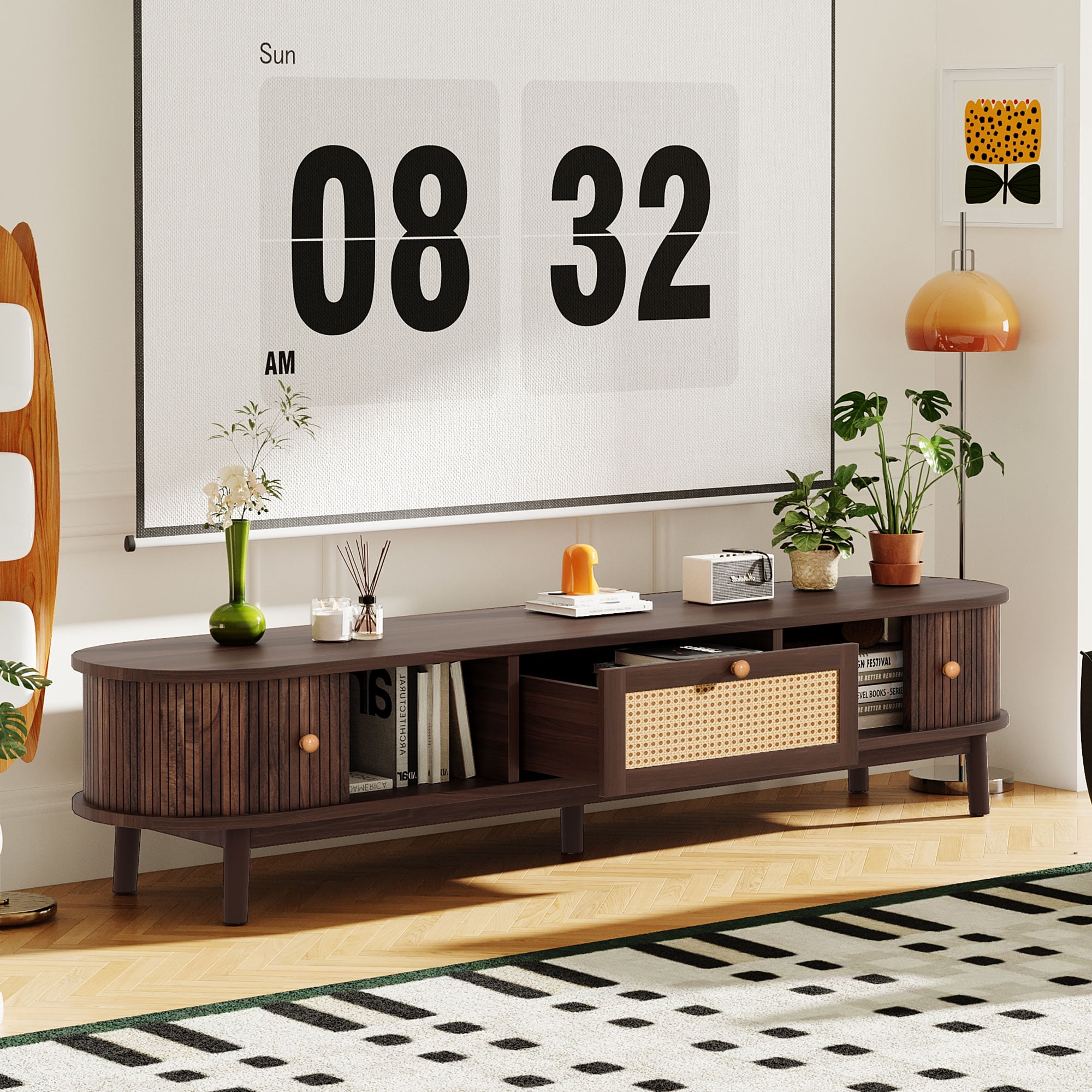67" Modern TV Stand for 75" TVs - Rattan Front Drawer & Sliding Door ...