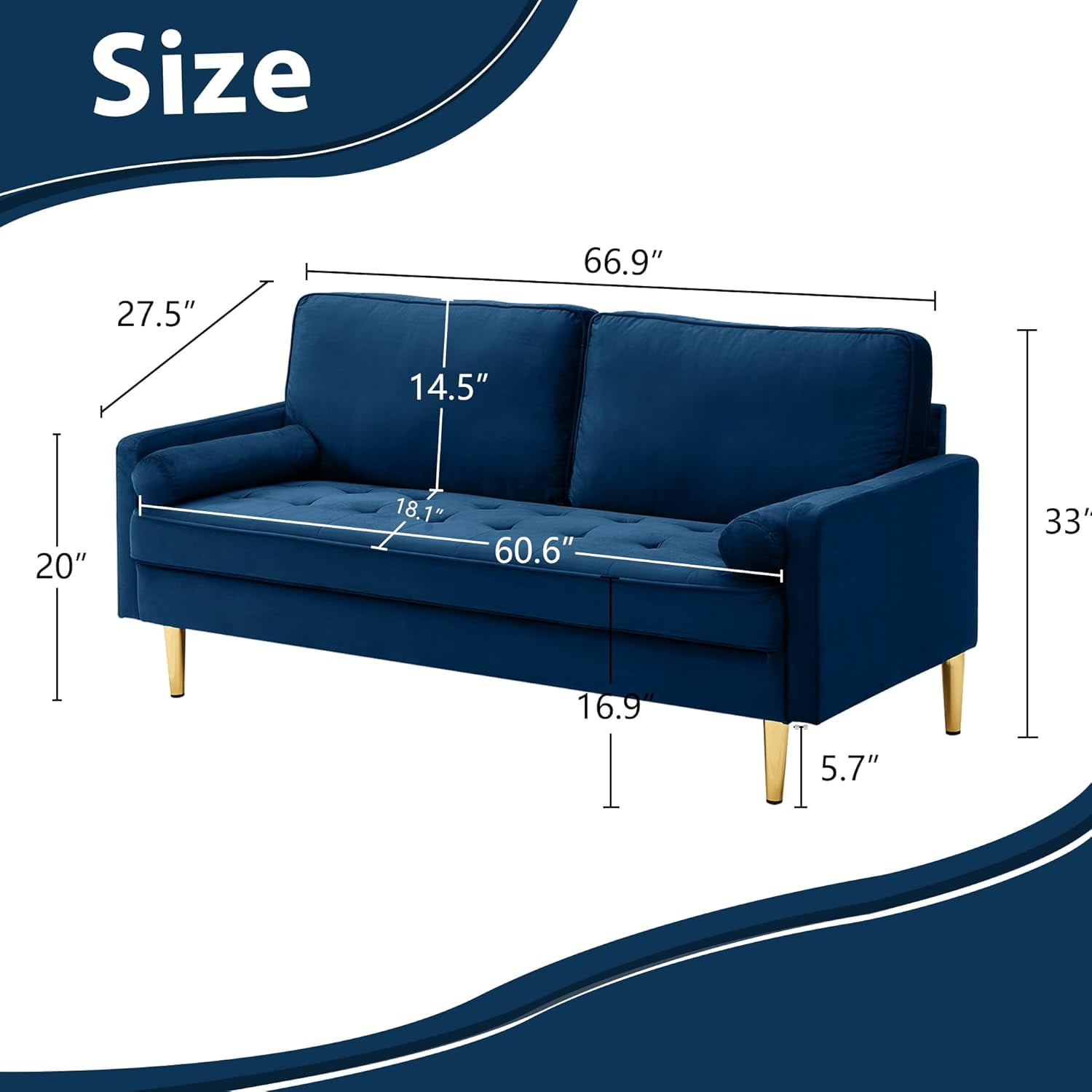 67" Modern Velvet Loveseat Sofa Couch, Mid-Century Tufted Upholstered ...