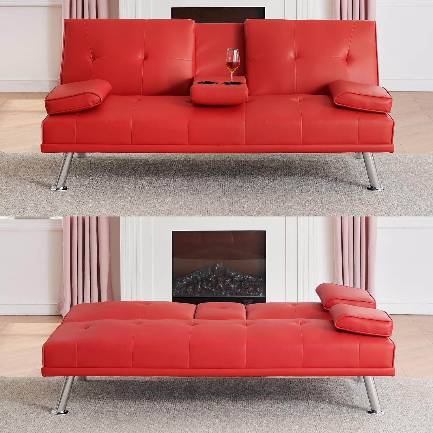 67" Multifunctional Folding Leather Sofa Bed with 2 Cup Holders ...