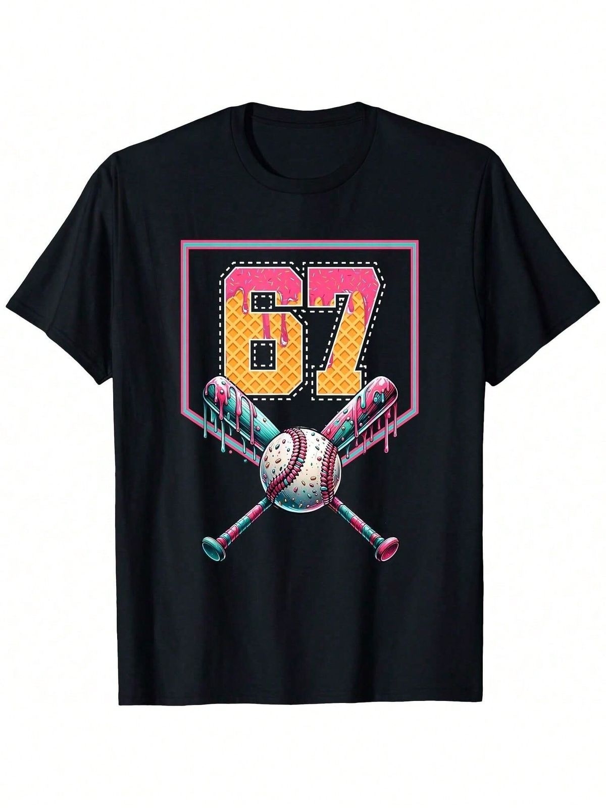 67 Neon Drip Baseball Tee, Number with Crossed Bats Sports Streetwear ...