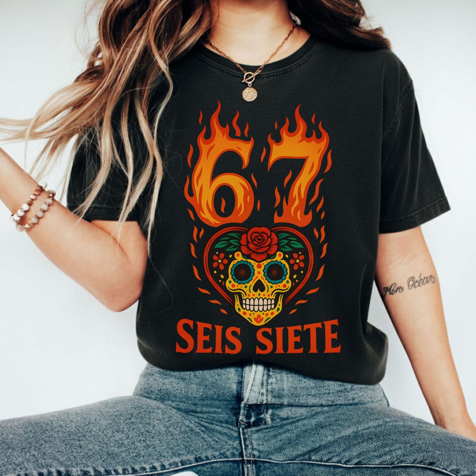 67 Number Seis Siete Skull Design Tee, Colorful Fiesta Skull Art with ...