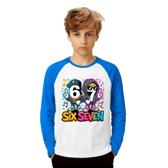 67 Six Seven Kids 67 Print Raglan Sleeve Hip Hop Rap T Shirt Top Blue ...