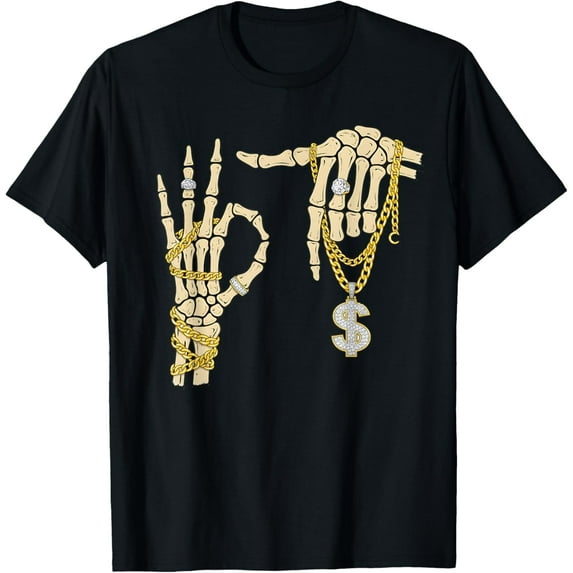 67 Six Seven Meme Novelty Skeleton Hand Bling Chain Rings T-Shirt ...