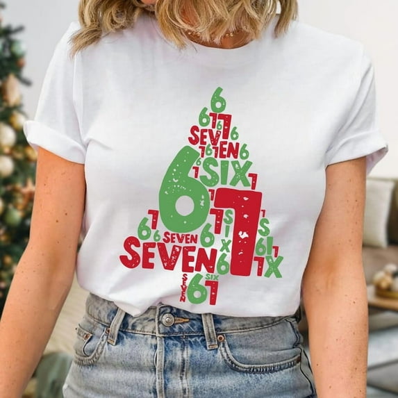 67 Six Seven Xmas Tree Shirt, Holiday Number Graphic Tee, Festive Green ...