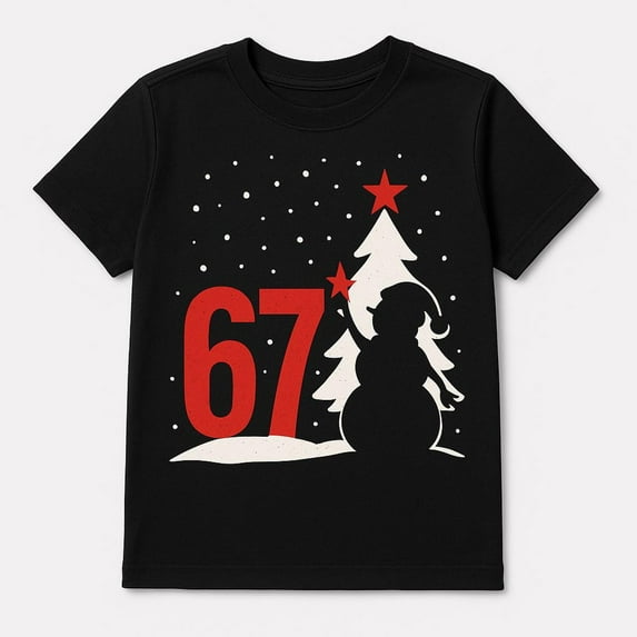 67 Snowman Xmas Graphic Tee with Star and Winter Tree Design, Festive Holiday Snow Scene Shirt ...