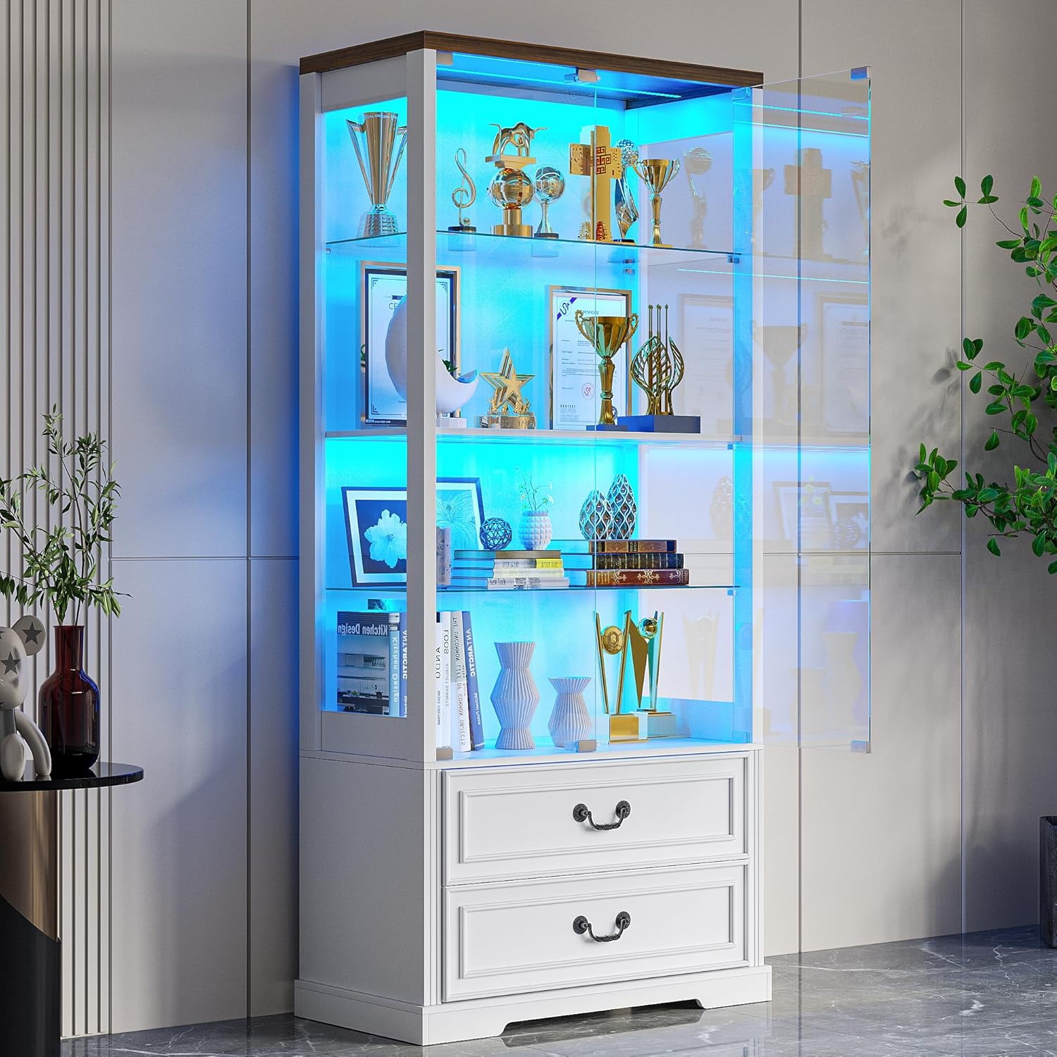 67" Tall Display Cabinet with Glass Doors and 2 Drawers, Adjustable ...