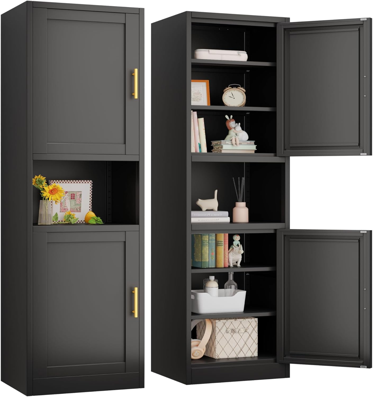 67" Tall Narrow Storage Cabinet Metal Bathroom Cabinet with 2 Doors & 4 ...