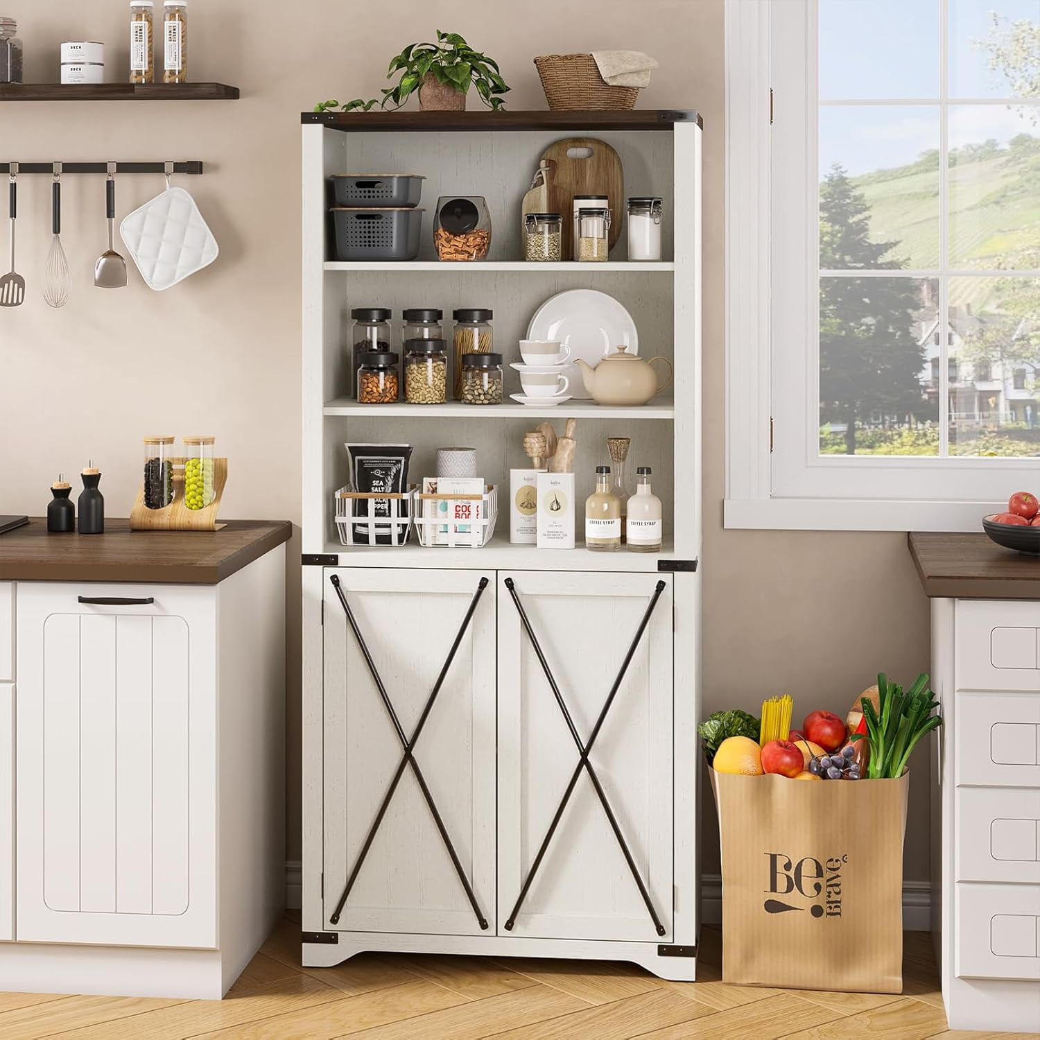 67'' Tall Storage Cabinet with Doors and Shelves, Farmhouse Kitchen ...
