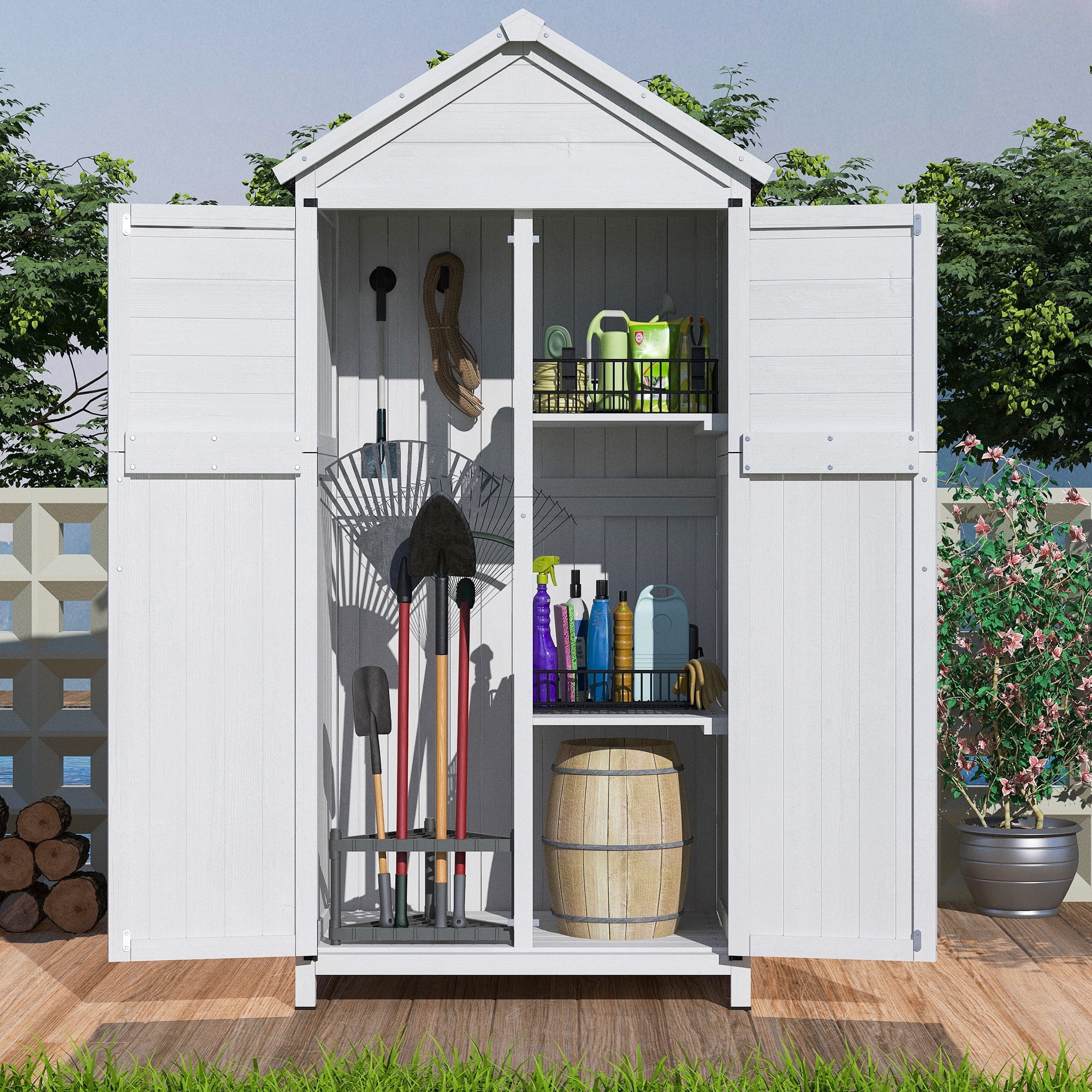 67" White Fir Wood Storage Shed with Double Doors - Walmart.com
