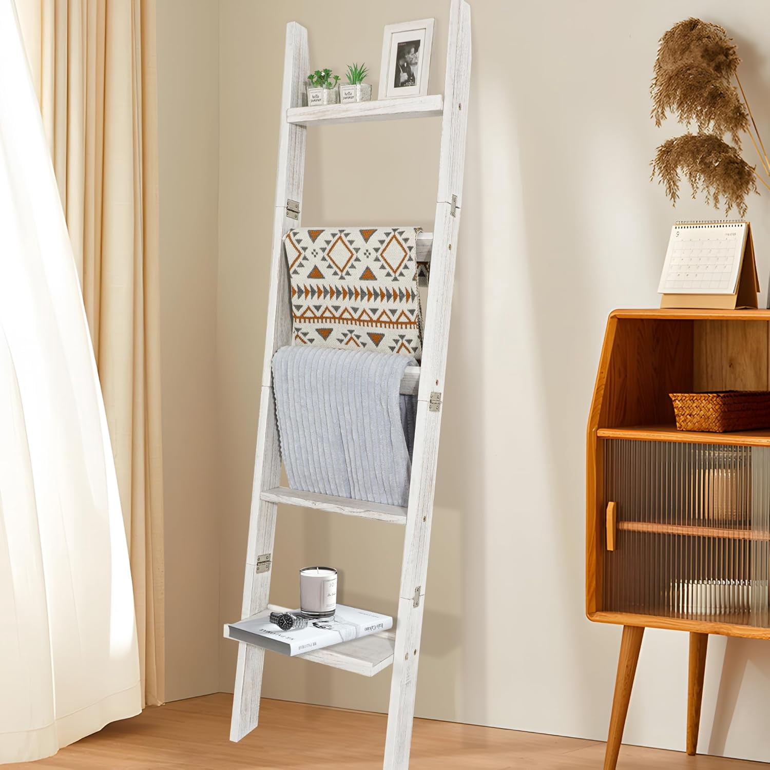 67" Wooden Blanket Ladders for The Living Room,5-Tier Ladder Shelf ...