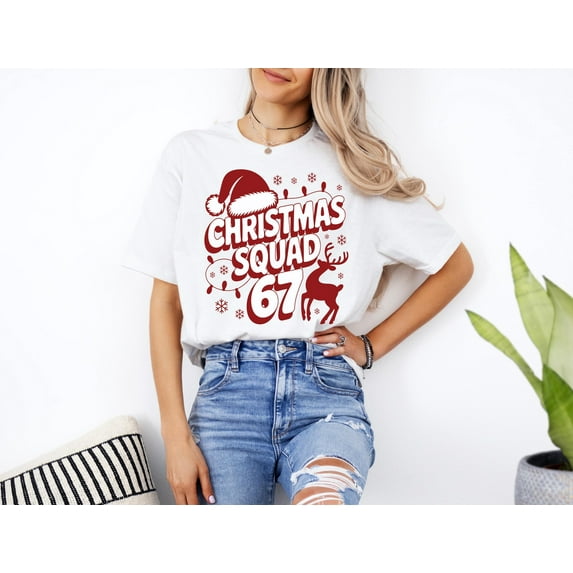 67 Xmas Squad Tee, Reindeer & Santa Hat Number Graphic, Cute Festive Winter Holiday Shirt ...