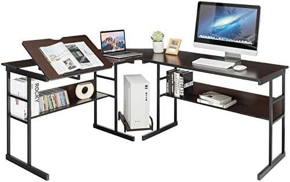 67 inches L-Shaped Desk Corner Computer Desk with Bottom Bookshelves ...