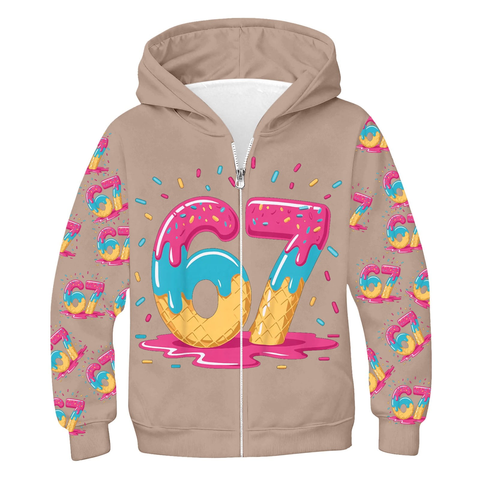 67 shirt G'irls Cartoon Print Hooded Zip Up Jacket Long Sleeve Athletic ...