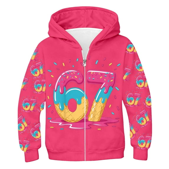 67 shirt G'irls Cartoon Print Hooded Zip Up Jacket Long Sleeve Athletic ...