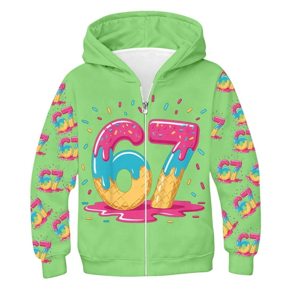 67 shirt G'irls Cartoon Print Hooded Zip Up Jacket Long Sleeve Athletic ...