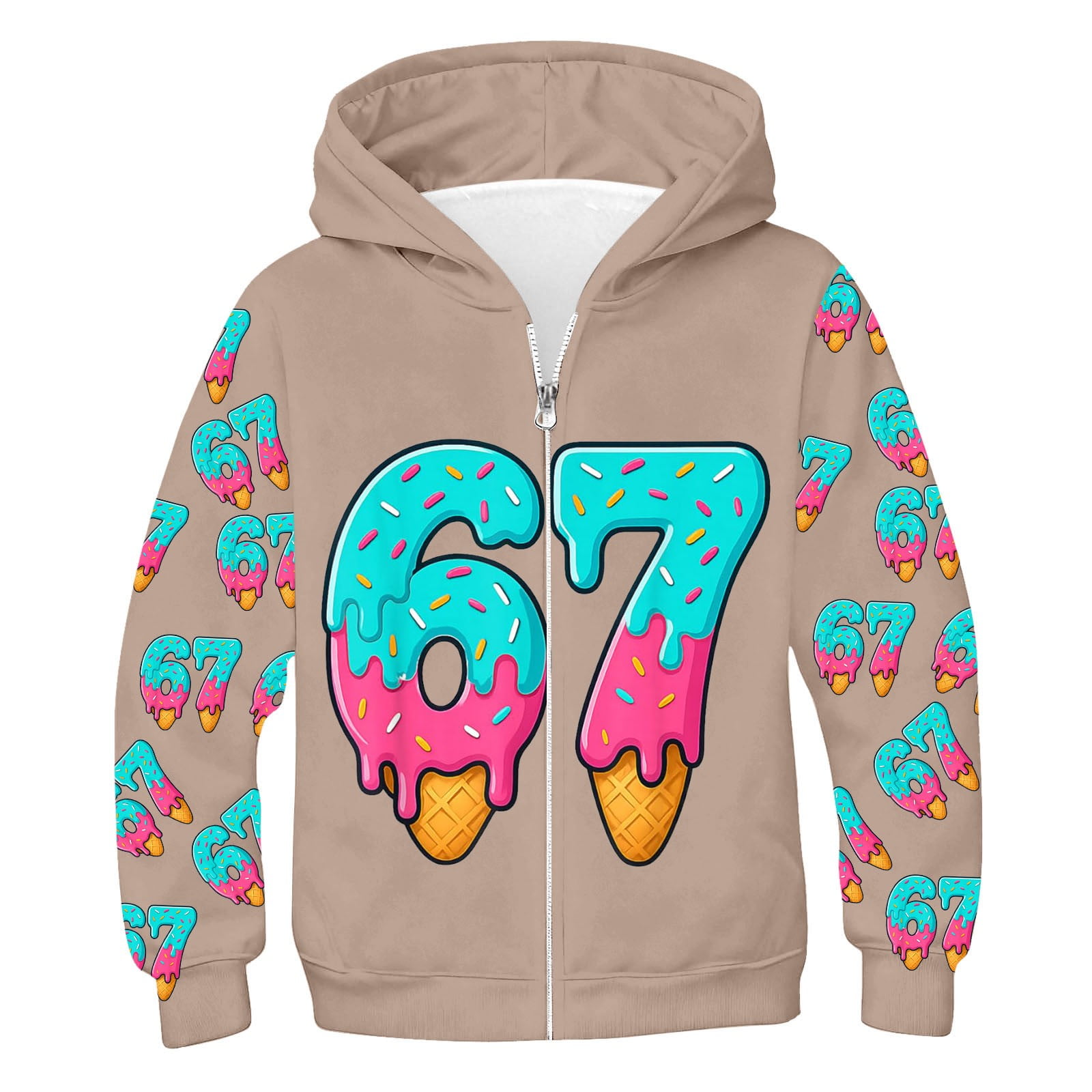 67 shirt G'irls Cartoon Print Hooded Zip Up Jacket Long Sleeve Athletic ...