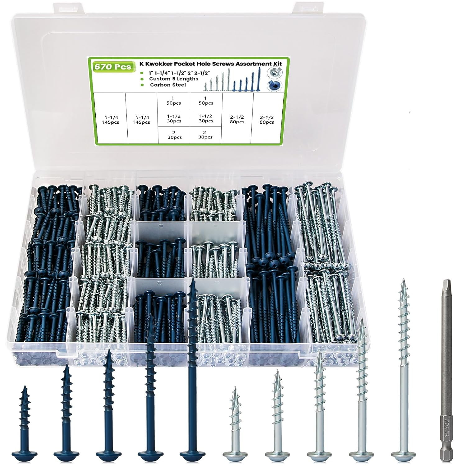 670Pcs Pocket Hole Screws, 1" 1-1/4" 1-1/2" 2" 2-1/2" Wood Screws ...