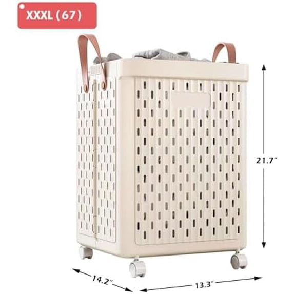 67L Laundry Basket with Wheels, Collapsible Plastic Laundry Hamper with ...