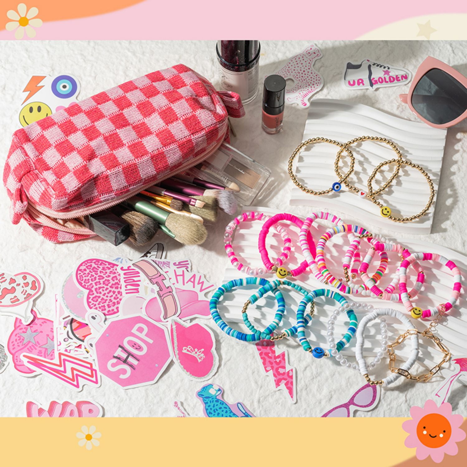 Laffact Pink Checkered Cosmetic Bag with Preppy Stickers Bracelets Set ...