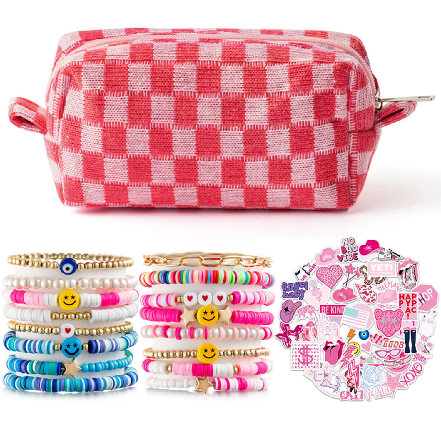 67Pcs Checkered Cosmetic Bag Set Pink Knitted Toiletry Makeup Bag ...