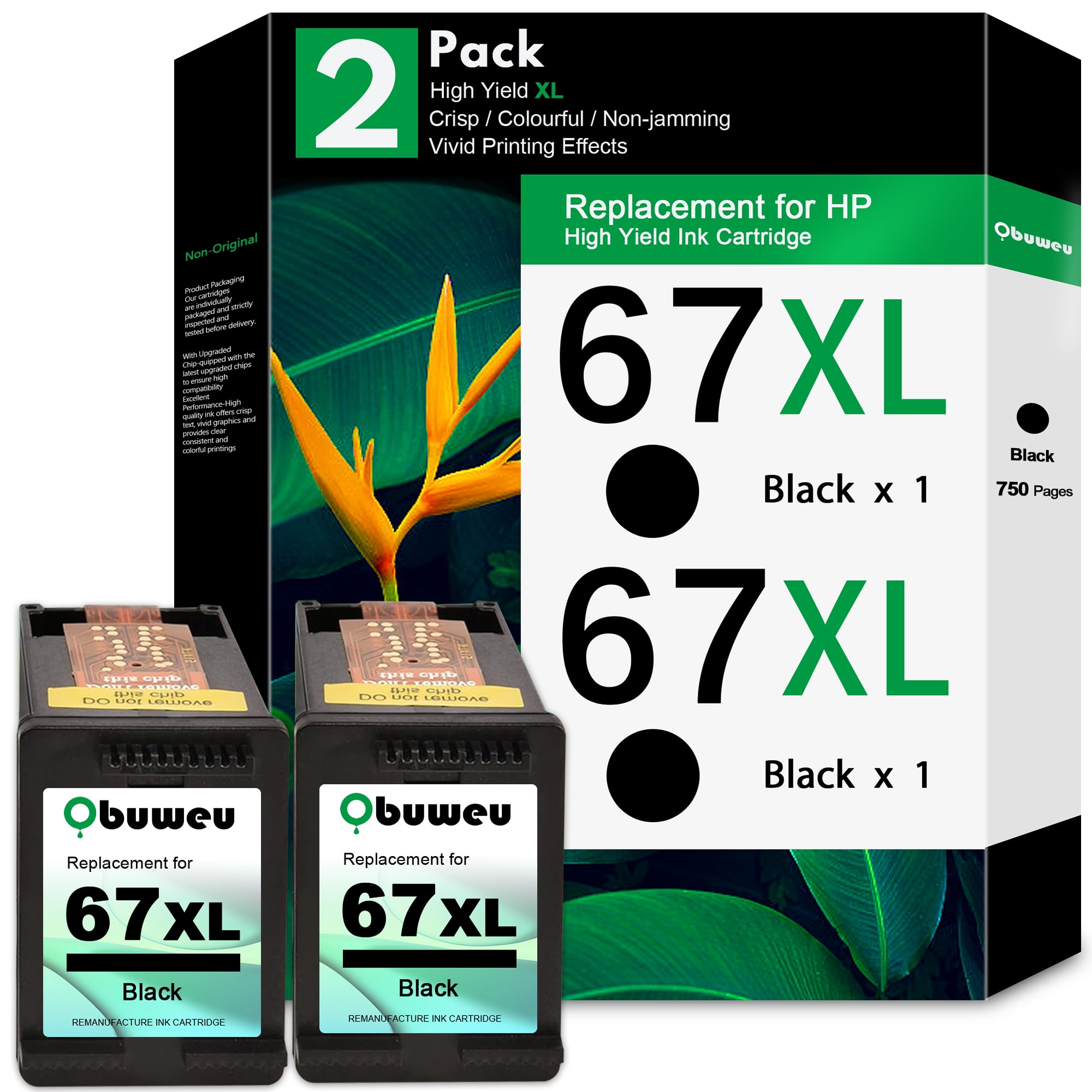 67XL Ink Cartridges (2-Pack,Black) Compatible for HP 67 Ink Cartridge for Deskjet 2742e 2752e ...