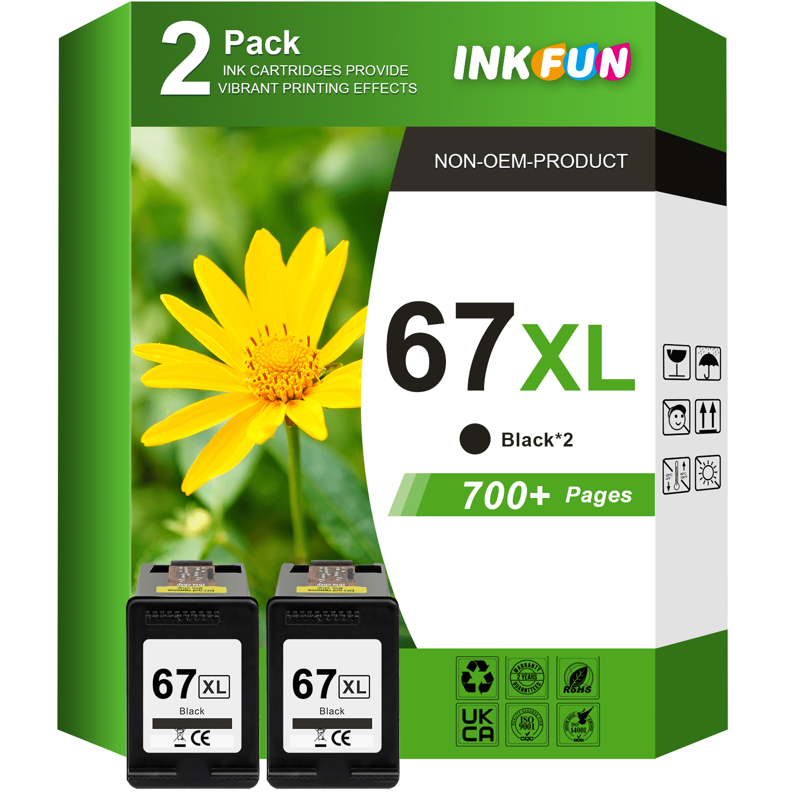 Inkfun 67XL Black Ink Cartridges 2 Pack for HP DeskJet, Envy, Envy Pro ...