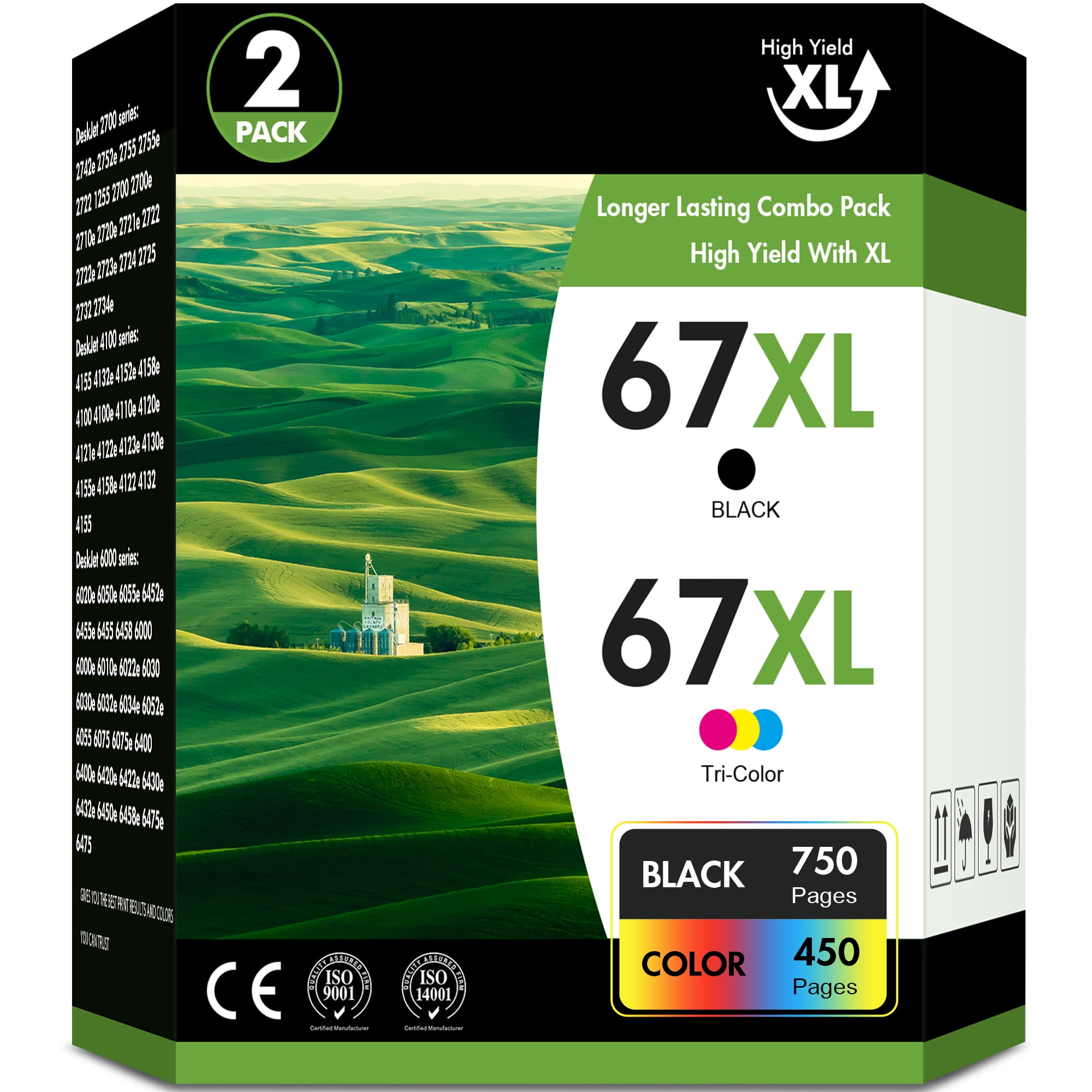 67XL High Yield Printer Ink 2 Pack Black Tri-Color Compatible for HP 67 ...