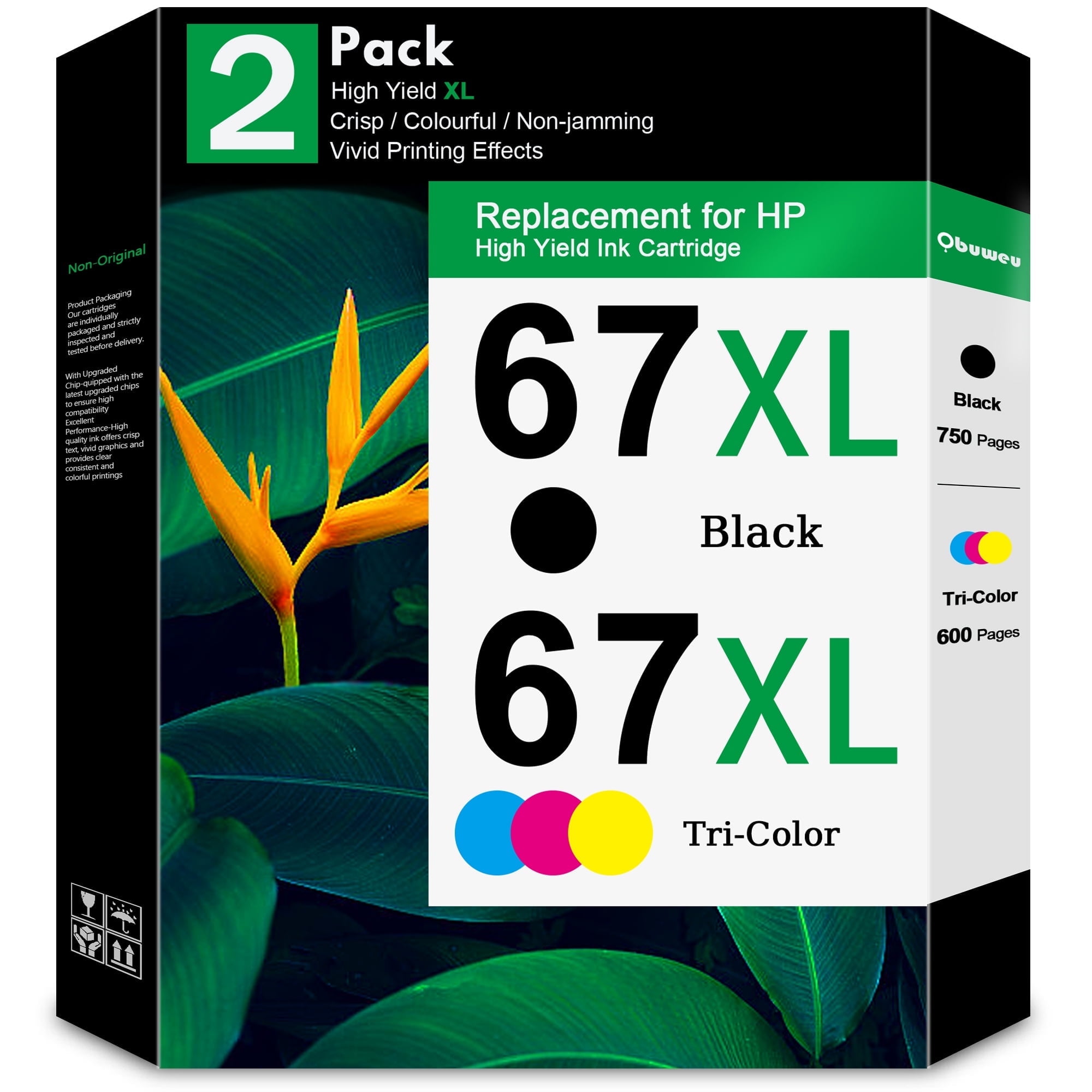 67XL Ink Cartridges 2-Pack Black/Tri-color Compatible for HP 67 Ink Cartridge for DeskJet 1255 ...