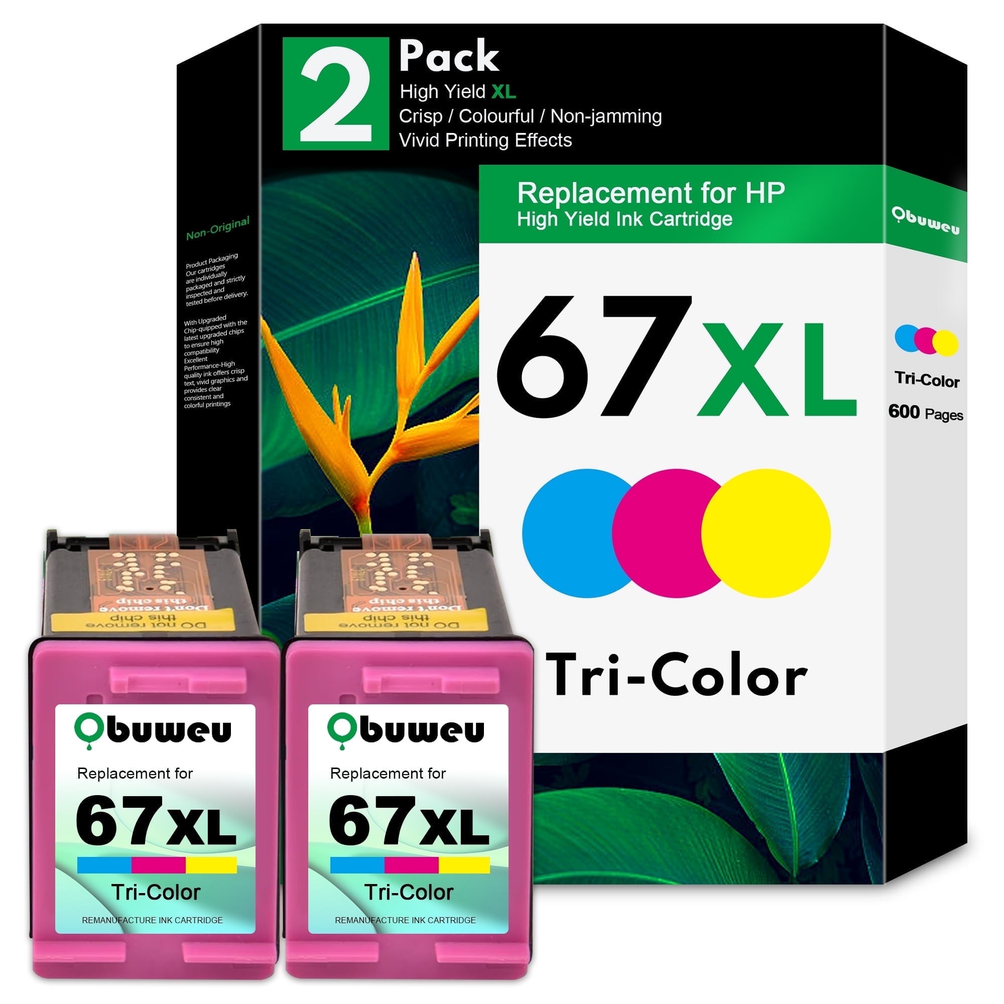 67XL Tri-Color Ink Cartridge 2 Pack Compatible for HP 67 XL Ink for Deskjet 2700 2700e 2752 ...