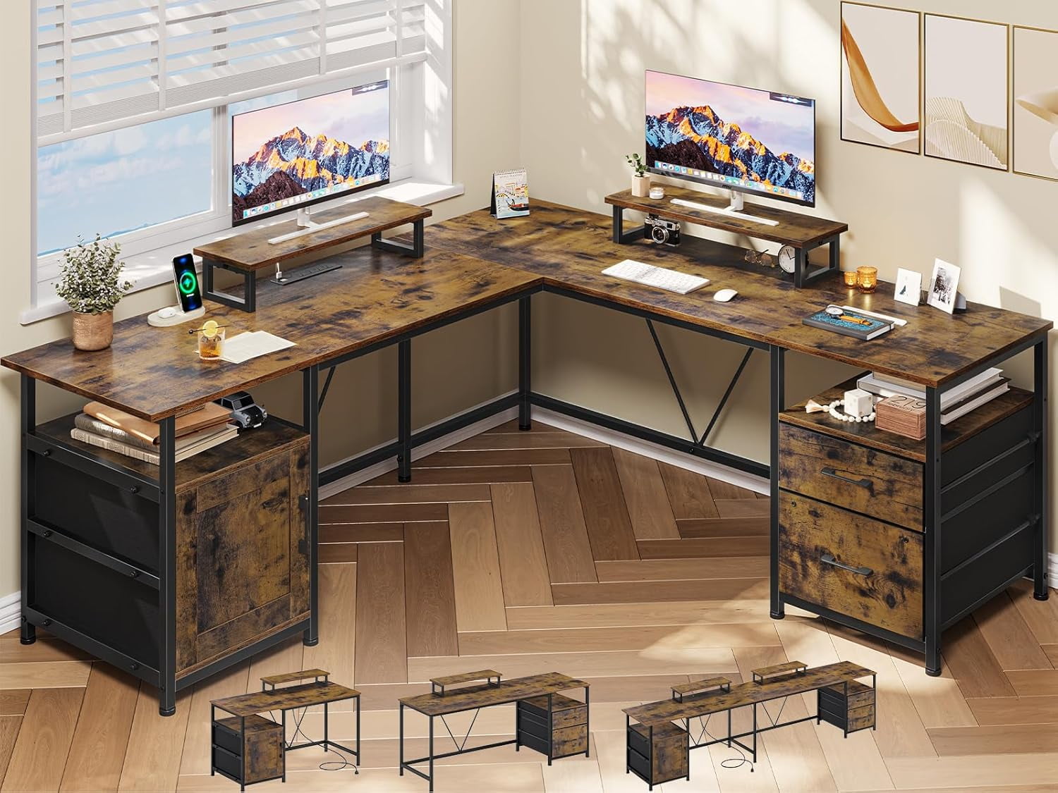 67in L Shaped Computer Desk with Power Outlets, 90.5in Long Home Office ...