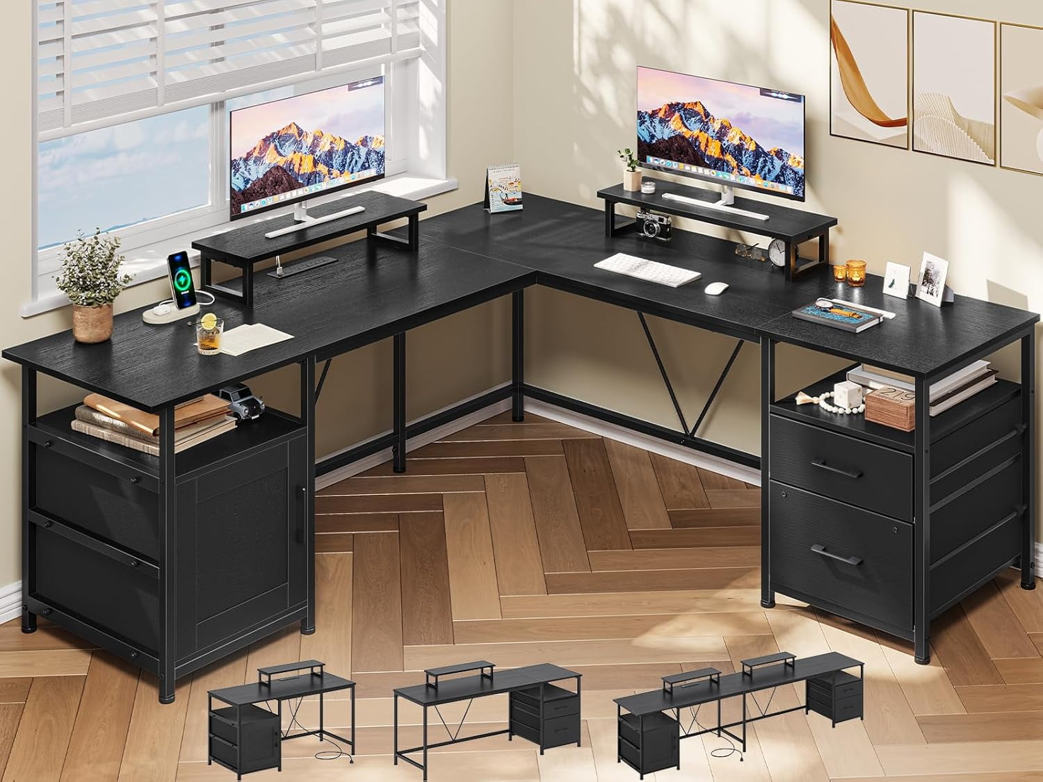 67in L Shaped Computer Desk with Power Outlets 90.5in Long Office Desks ...