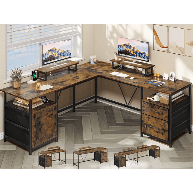 67in L Shaped Computer Desk with Power Outlets, 90.5in Long Home Office ...