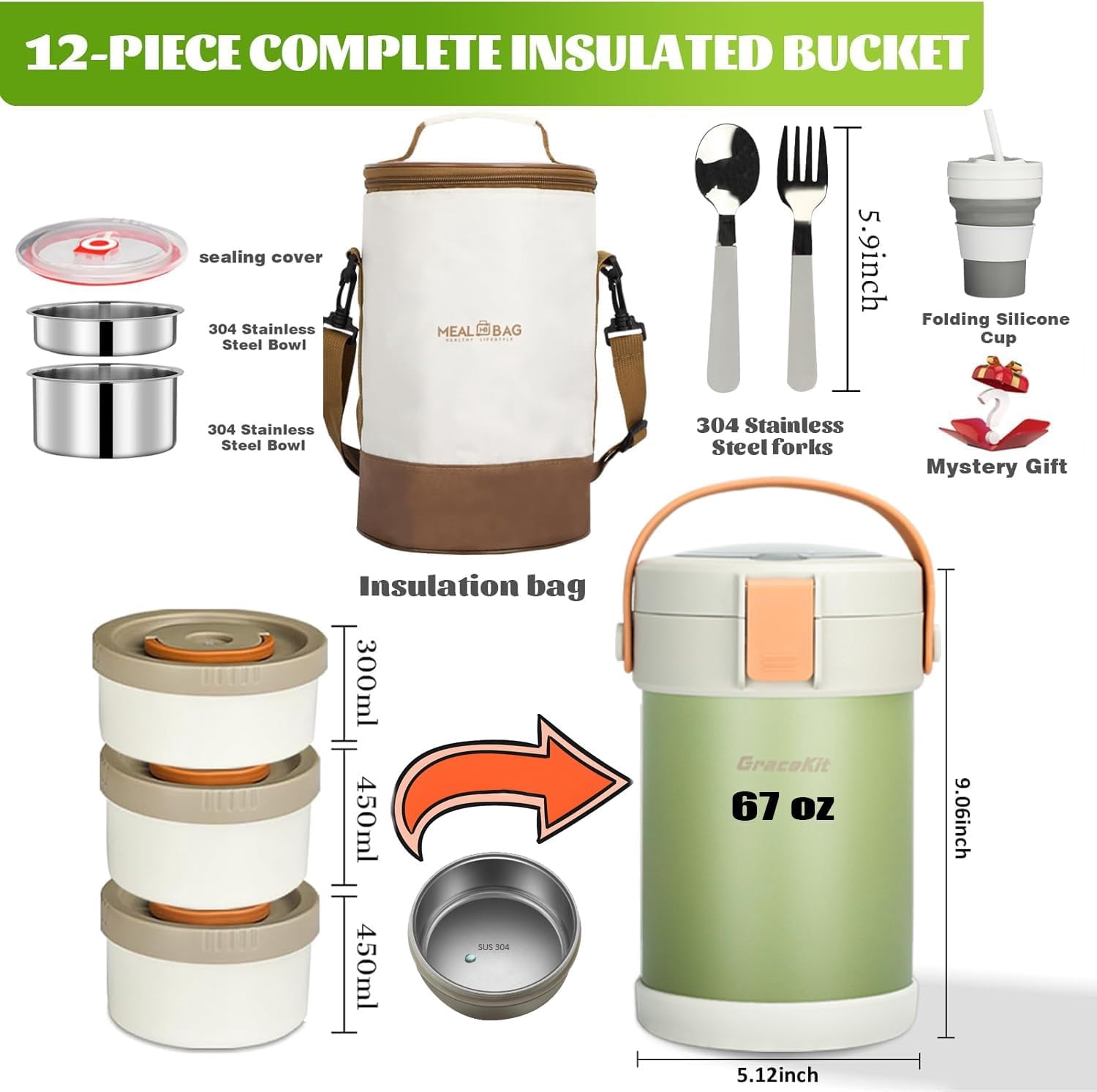 67oz Adults Thermo for Hot Food Kit 2L 9.06in 3 Layer Stainless Steel ...